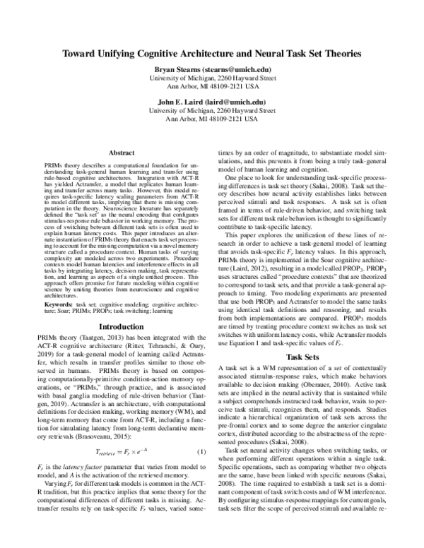 (PDF) Toward Unifying Cognitive Architecture and Neural Task Set Theories