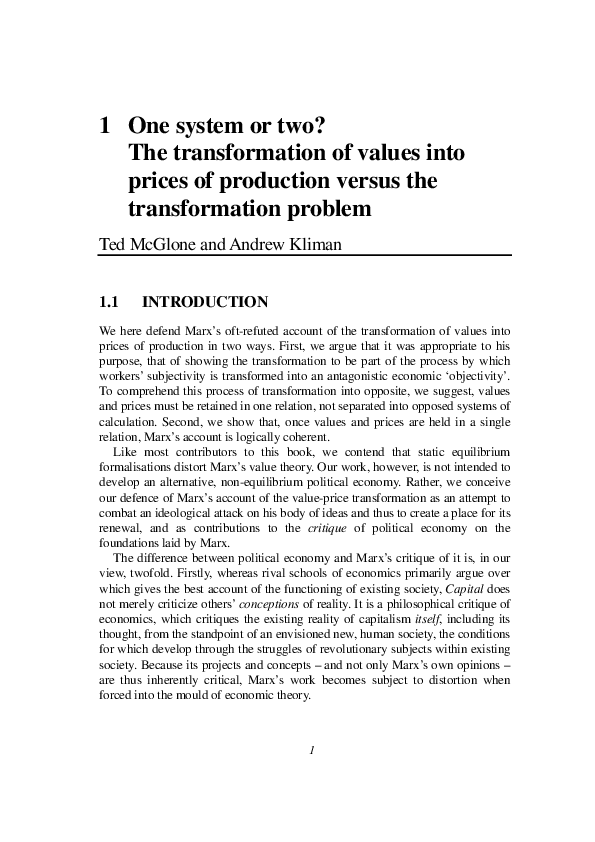 (PDF) The transformation of values into prices of production versus the transformation problem