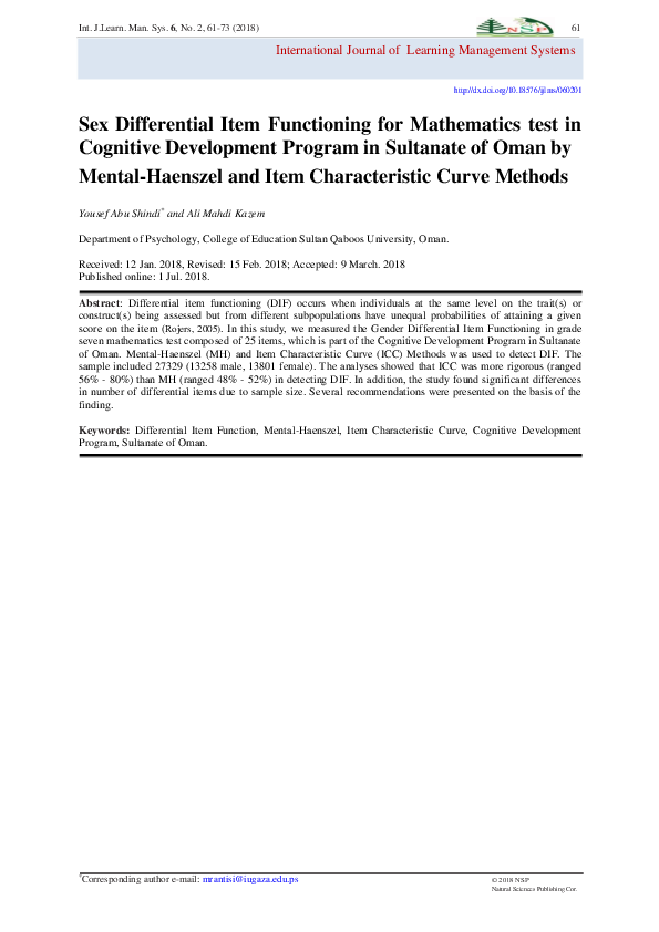 Pdf Sex Differential Item Functioning For Mathematics Test In Cognitive Development Program In