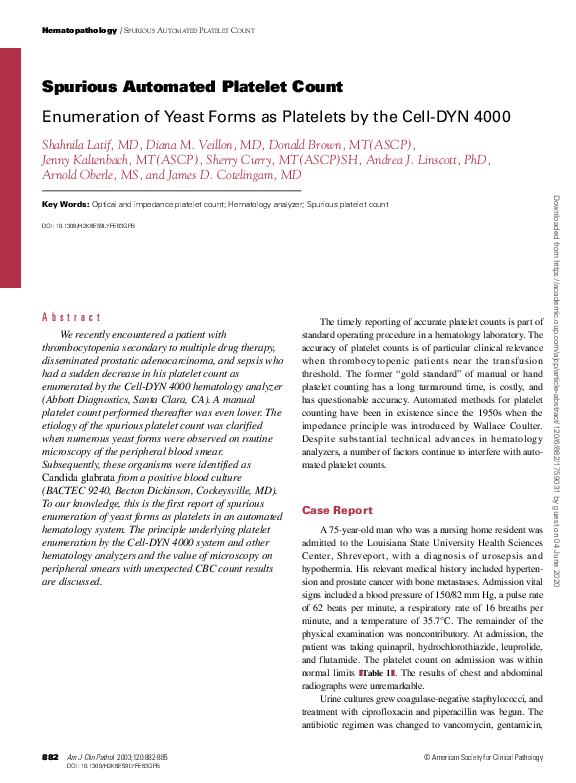 (PDF) Spurious Automated Platelet Count Enumeration of Yeast Forms as ...