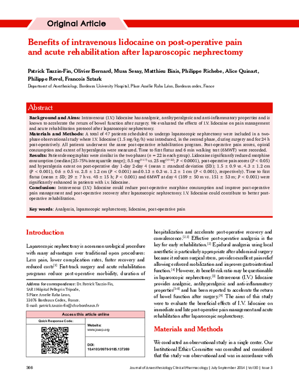 (PDF) Benefits of intravenous lidocaine on post-operative pain and acute rehabilitation after ...
