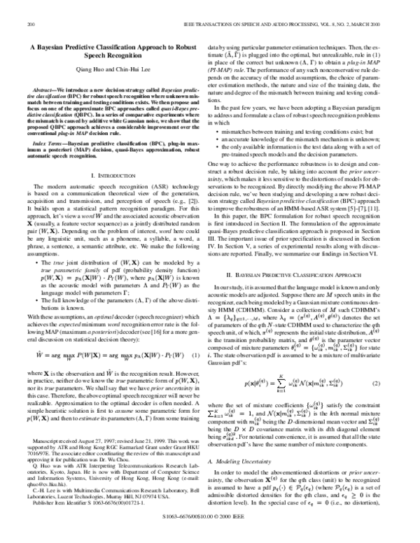A Bayesian Predictive Classification Approach To Robust Speech Recognition
