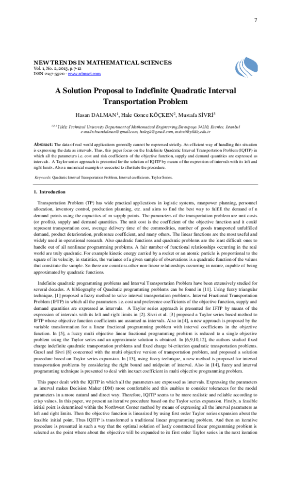 Pdf A Solution Proposal To Indefinite Quadratic Interval Transportation Problem Hale Gonce