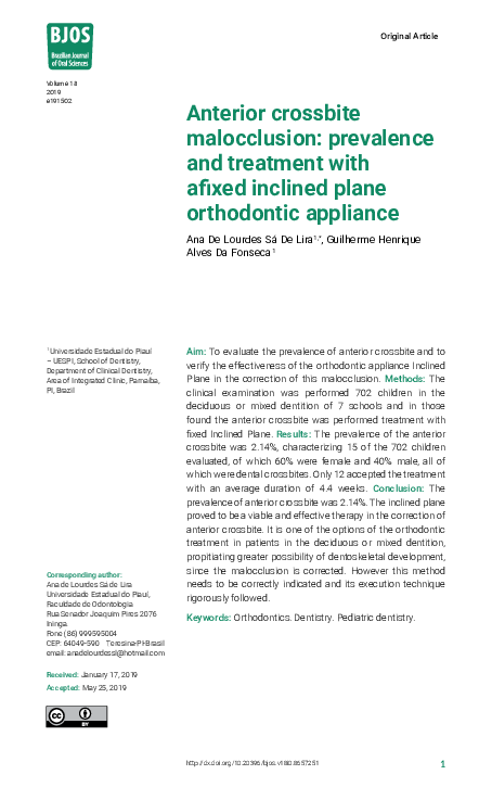 (PDF) Anterior crossbite malocclusion: prevalence and treatment with ...