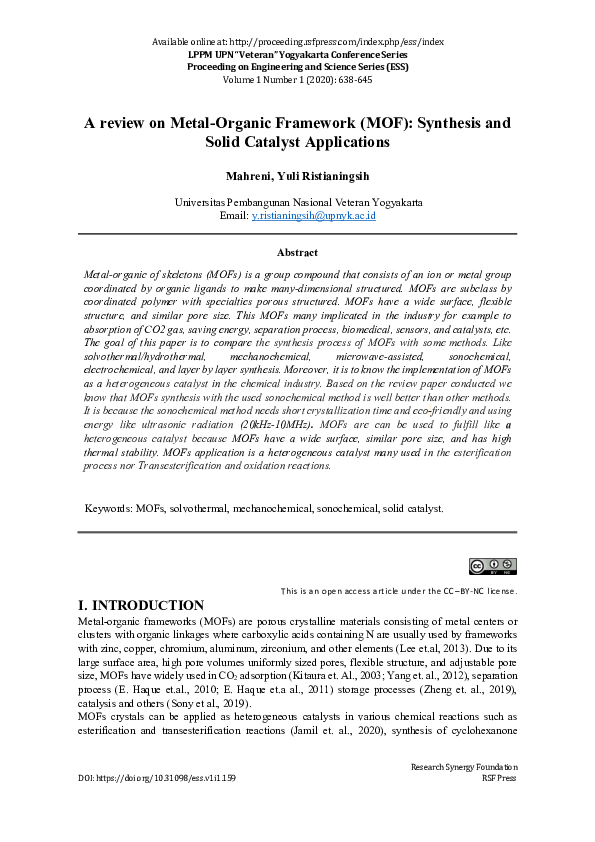 (PDF) A review on Metal-Organic Framework (MOF): Synthesis and Solid ...