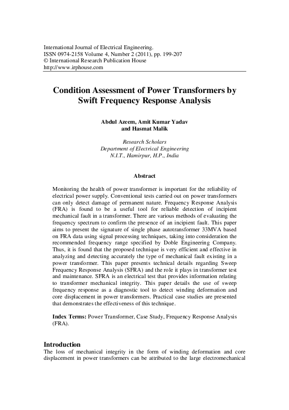 Pdf Condition Assessment Of Power Transformers By Swift Frequency
