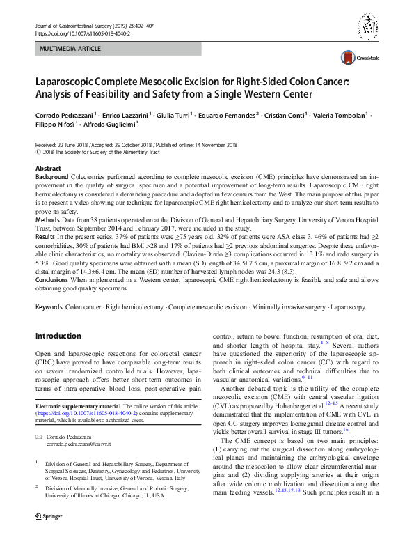 (PDF) Laparoscopic Complete Mesocolic Excision for Right-Sided Colon Cancer: Analysis of ...
