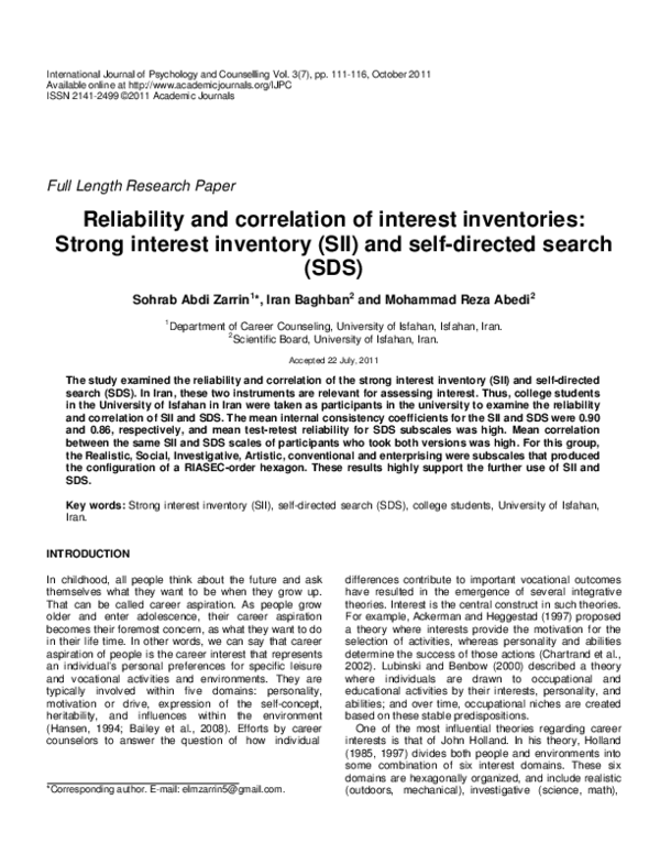 (PDF) Reliability and correlation of interest inventories: Strong ...