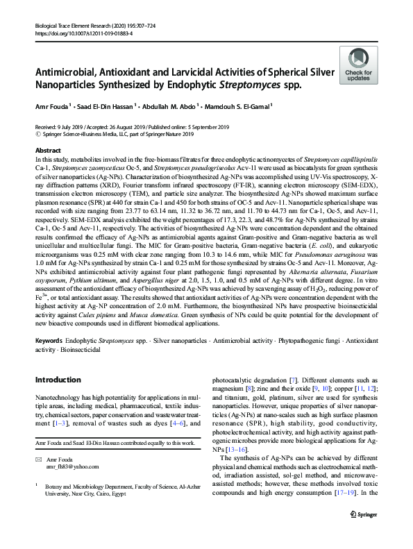 (PDF) Antimicrobial, Antioxidant and Larvicidal Activities of Spherical Silver Nanoparticles ...