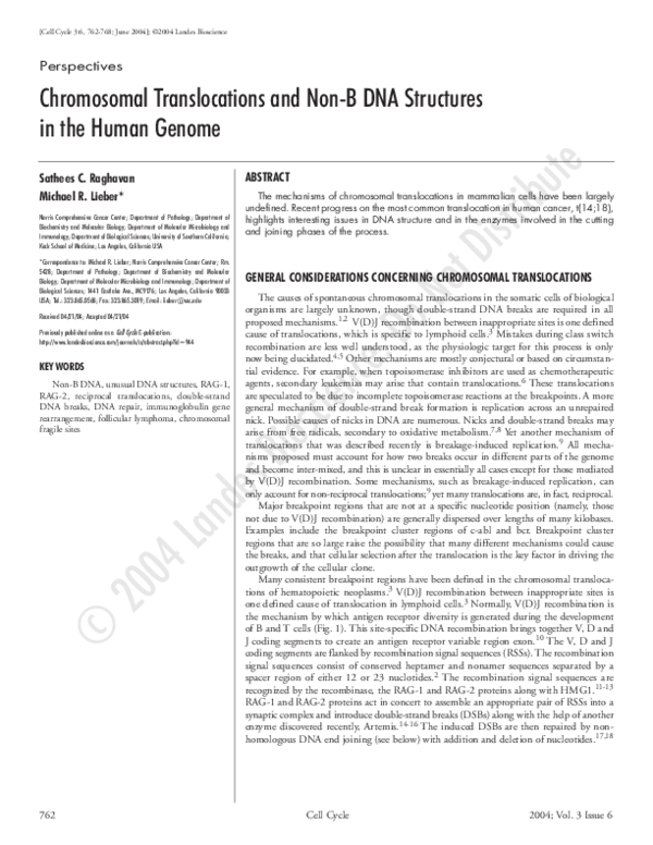 (PDF) Chromosomal Translocations and Non-B DNA Structures in the Human ...