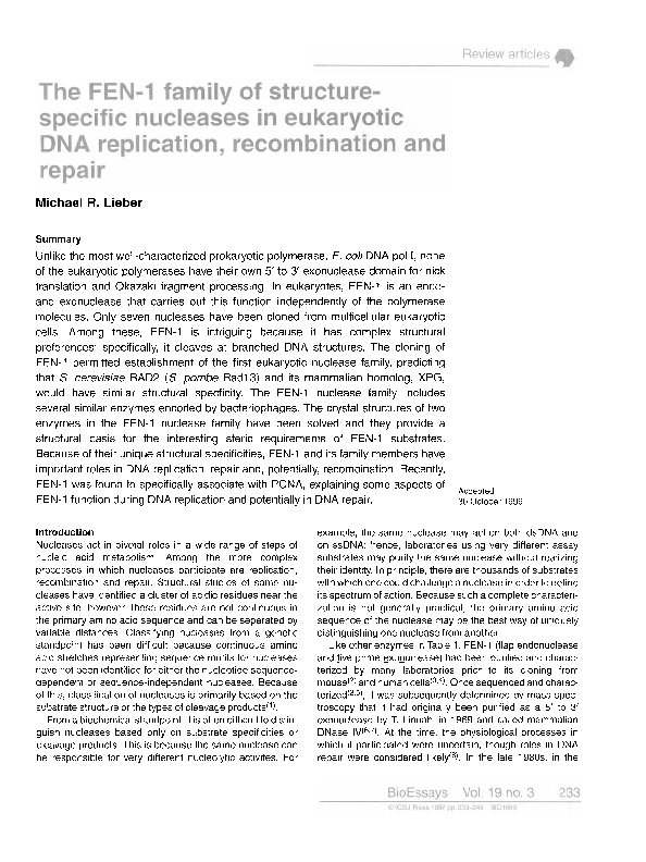 (PDF) The FEN-1 family of structure-specific nucleases in eukaryotic ...