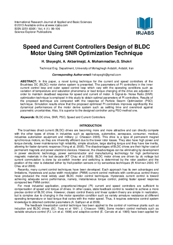 (PDF) Speed and Current Controllers Design of BLDC Motor Using SNR Optimization Technique