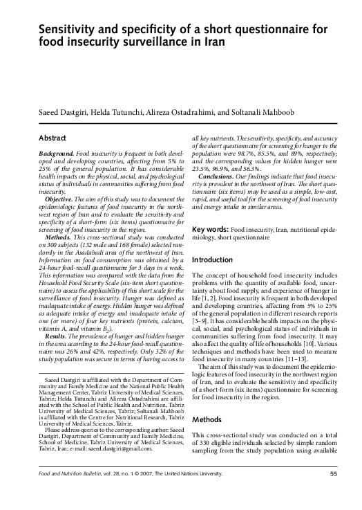 (PDF) Sensitivity and specificity of a short questionnaire for food ...