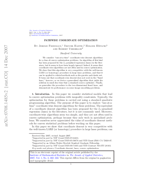 (PDF) Pathwise coordinate optimization