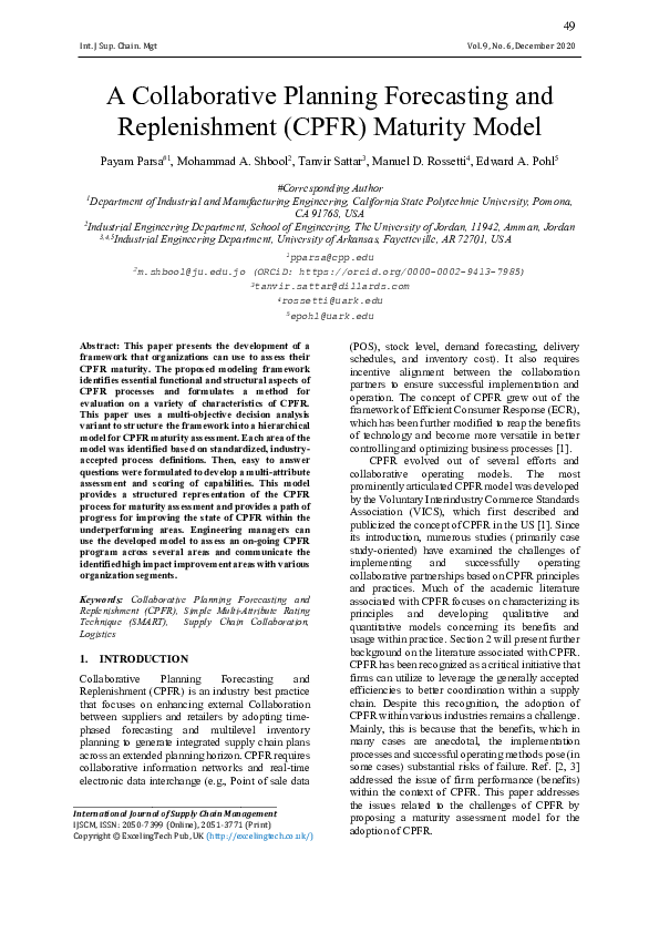 (PDF) A Collaborative Planning Forecasting and Replenishment (CPFR) Maturity Model