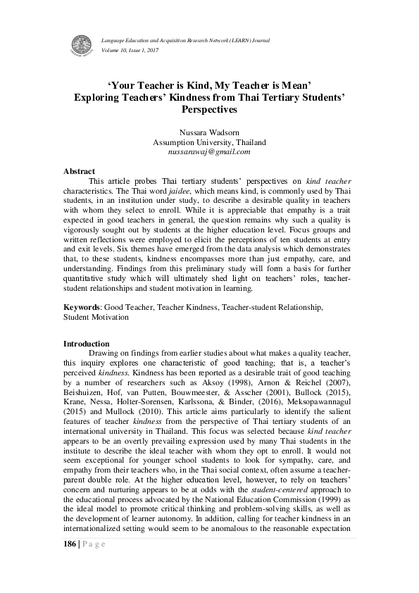 (PDF) Your Teacher Is Kind, My Teacher Is Mean' Exploring Teachers ...