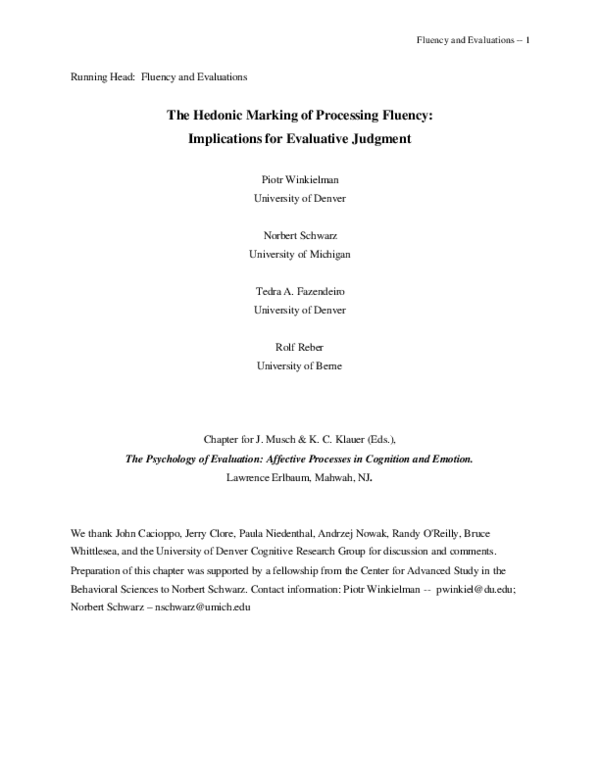 (PDF) The hedonic marking of processing fluency: Implications for evaluative judgment