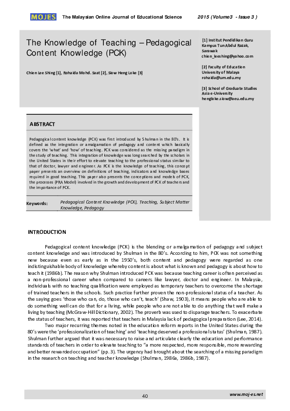 (PDF) The Knowledge of Teaching--Pedagogical Content Knowledge (PCK)