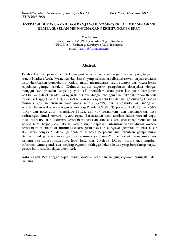 (PDF) Estimasi Durasi, Arah dan Panjang Rupture serta Lokasi-Lokasi Gempa Susulan Menggunakan ...