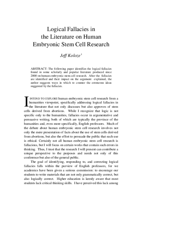 (PDF) Logical Fallacies in the Literature on Human Embryonic Stem Cell ...