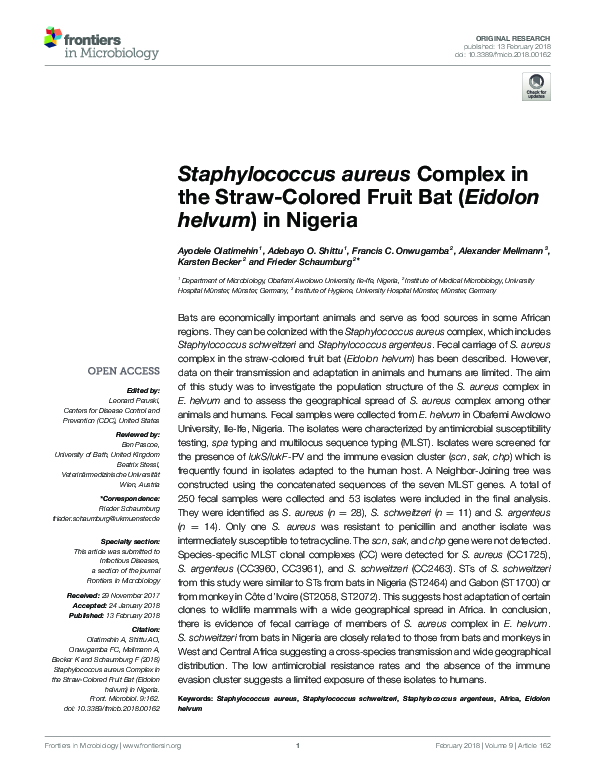 (PDF) Staphylococcus aureus Complex in the Straw-Colored Fruit Bat ...