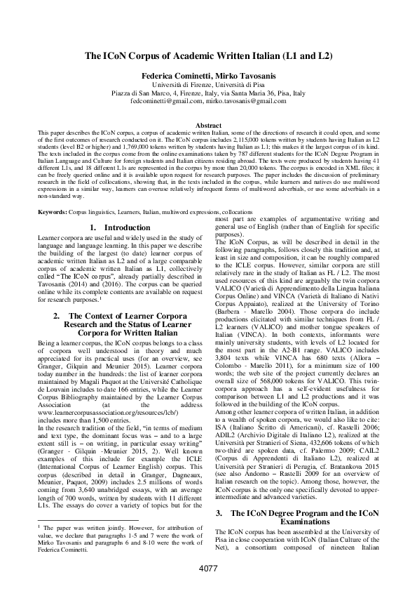 (PDF) The ICoN Corpus of Academic Written Italian (L1 and L2)
