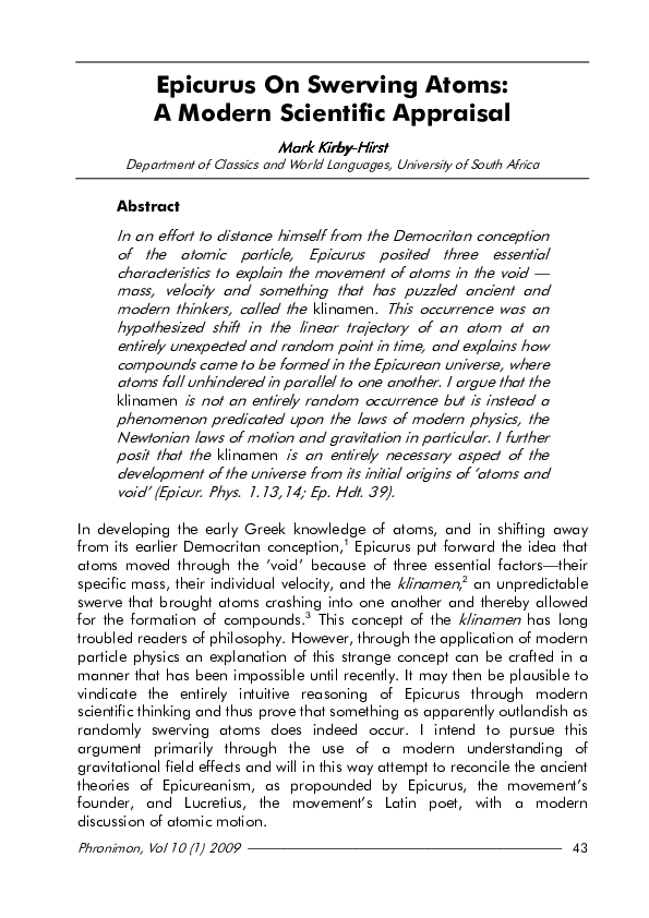 (PDF) Epicurus on swerving atoms : a modern scientific appraisal