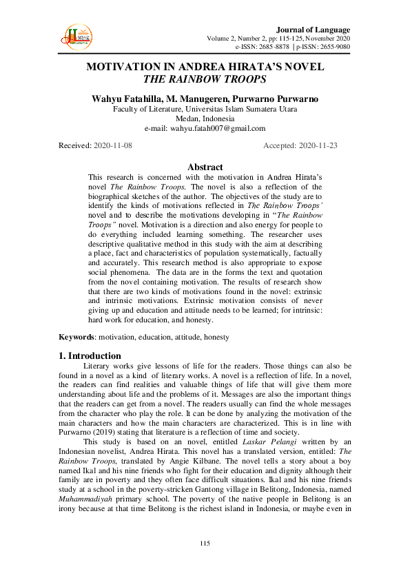 (PDF) Motivation in Andrea Hirata’s Novel the Rainbow Troops