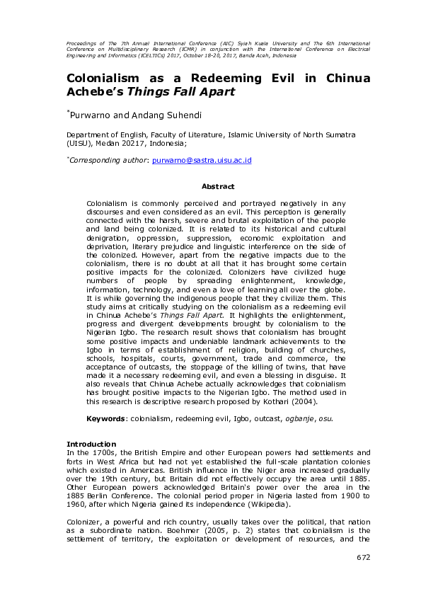 (PDF) Colonialism as a Redeeming Evil in Chinua Achebe’s Things Fall Apart