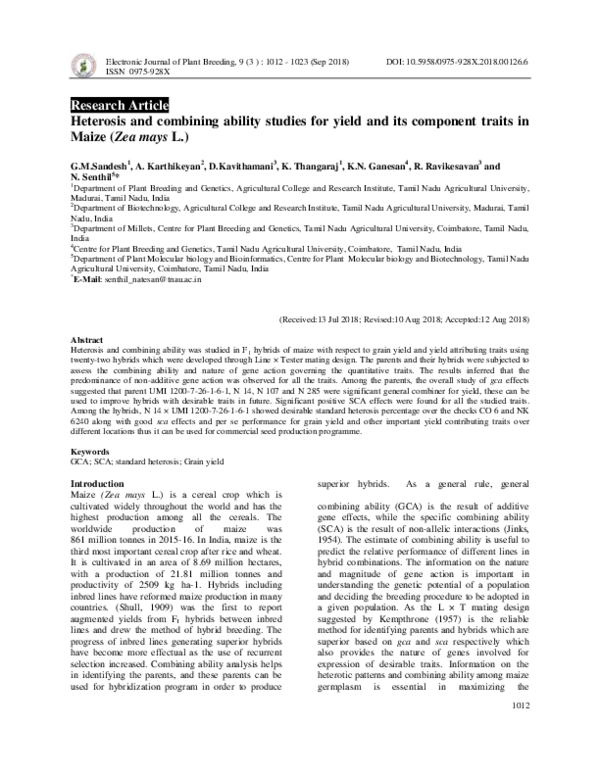 (PDF) Heterosis and combining ability studies for yield and its component traits in Maize (Zea ...