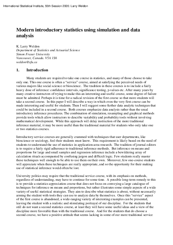 (PDF) Modern introductory statistics using simulation and data analysis