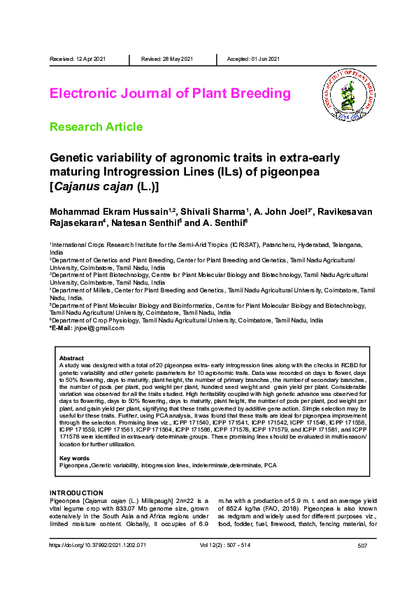 (PDF) Electronic Journal of Plant Breeding Research Article Genetic ...