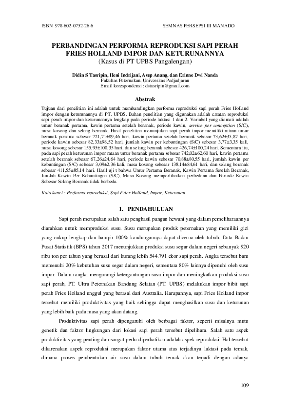 (PDF) PERBANDINGAN PERFORMA REPRODUKSI SAPI PERAH FRIES HOLLAND IMPOR DAN KETURUNANNYA(Kasus di ...