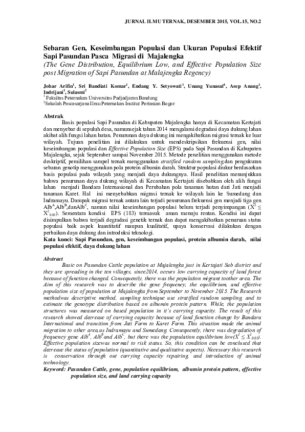 (PDF) Sebaran Gen, Keseimbangan Populasi dan Ukuran Populasi Efektif Sapi Pasundan Pasca Migrasi ...