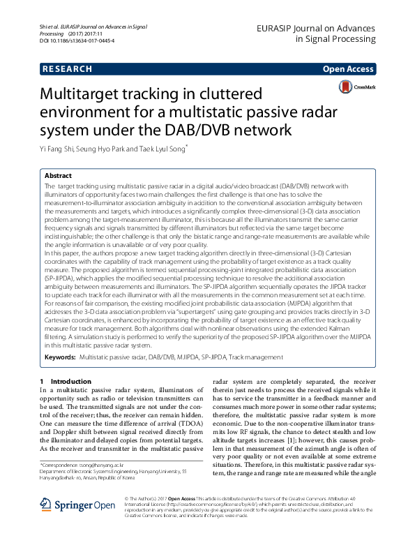 (PDF) Multitarget tracking in cluttered environment for a multistatic passive radar system under ...