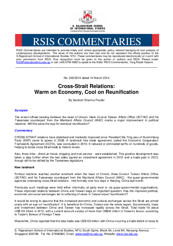(PDF) Cross-strait relations : warm on economy, cool on reunification