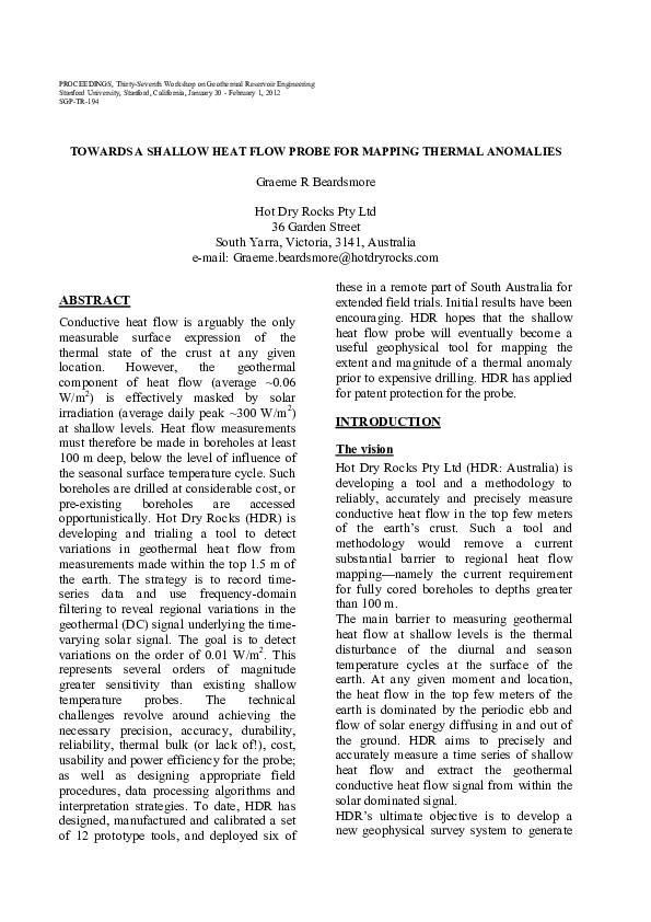 (PDF) Towards a Shallow Heat Flow Probe for Mapping Thermal Anomalies