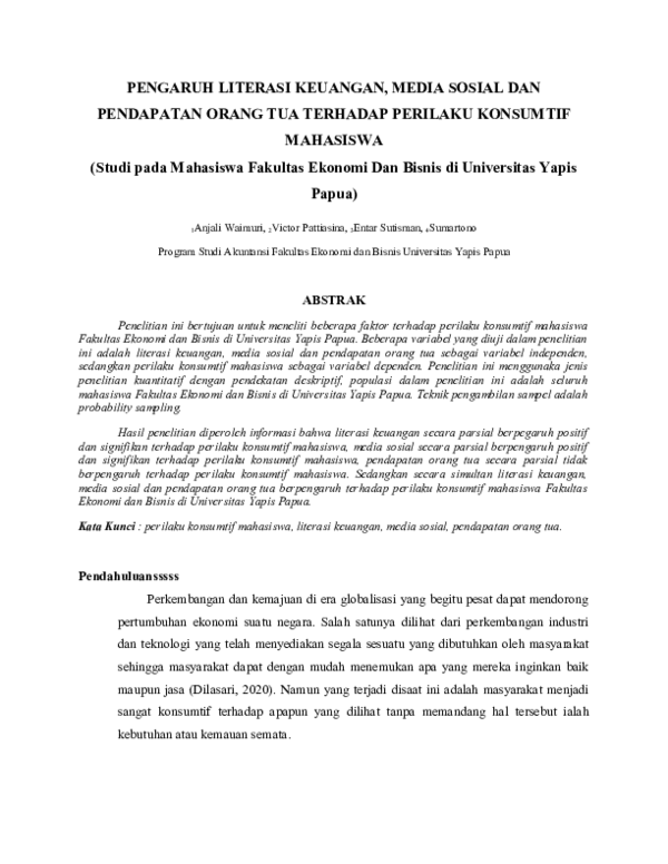 (DOC) PENGARUH LITERASI KEUANGAN, MEDIA SOSIAL DAN PENDAPATAN ORANG TUA TERHADAP PERILAKU ...