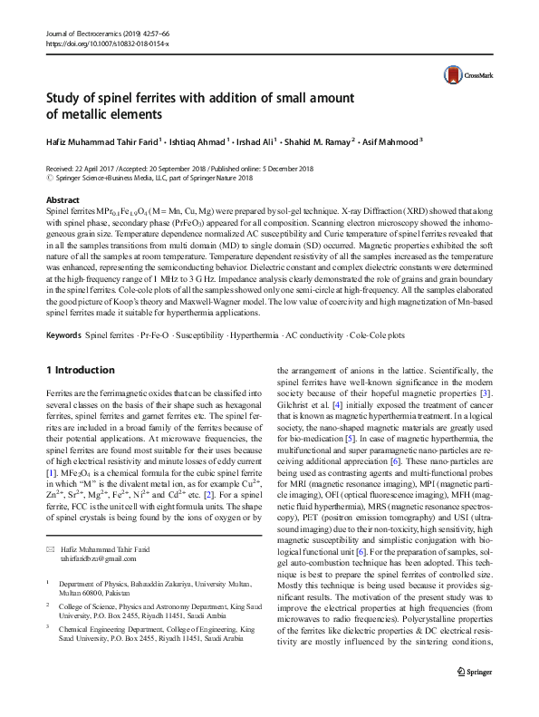 (PDF) Study of spinel ferrites with addition of small amount of ...