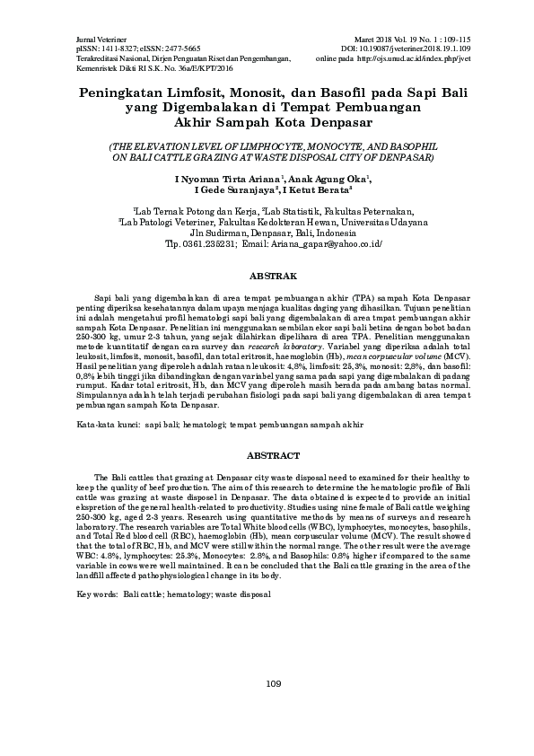 (PDF) Peningkatan Limfosit, Monosit, dan Basofil pada Sapi Bali yang ...