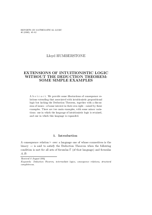 (PDF) Extensions of Intuitionistic Logic without the Deduction Theorem: Some Simple Examples