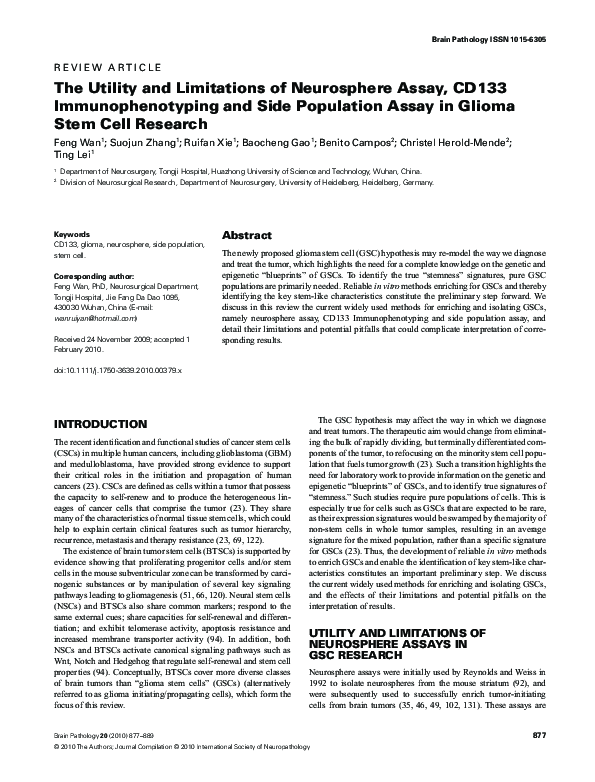 (PDF) The Utility and Limitations of Neurosphere Assay, CD133 ...