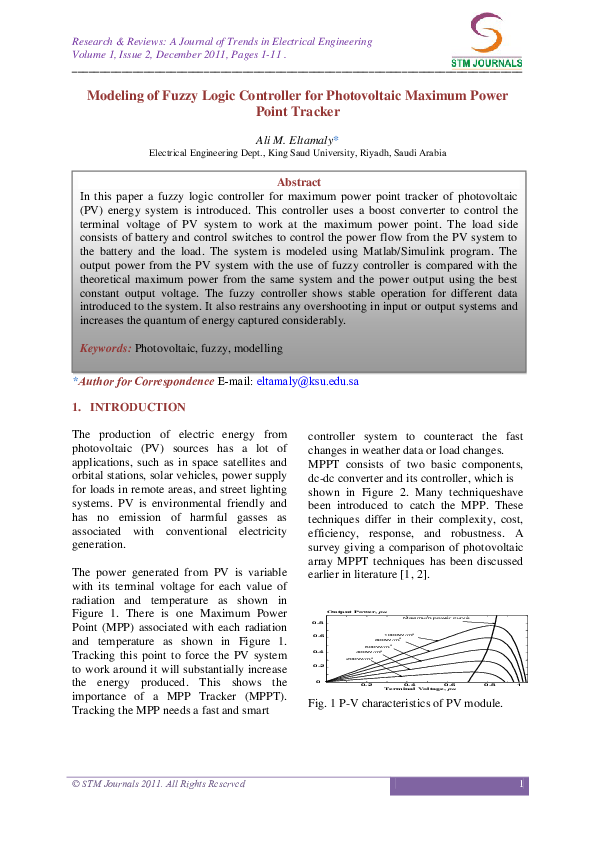 Pdf Modeling Of Fuzzy Logic Controller For Photovoltaic Maximum Power