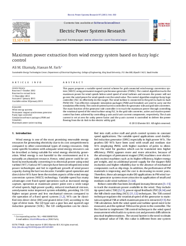 Pdf Maximum Power Extraction From Wind Energy System Based On Fuzzy
