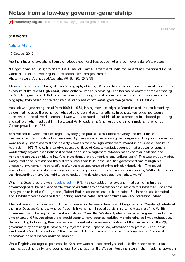 (PDF) Notes from a low-key governor-generalship