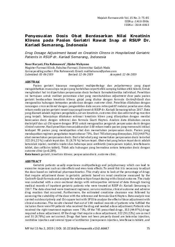 (PDF) Penyesuaian Dosis Obat Berdasarkan Nilai Kreatinin Klirens pada ...