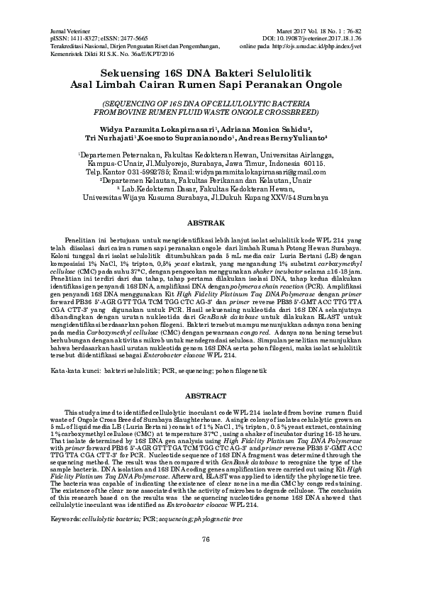(PDF) Sekuensing 16S DNA Bakteri Selulolitik Asal Limbah Cairan Rumen ...