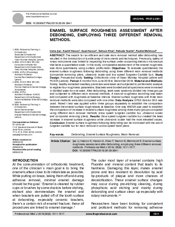 Pdf Enamel Surface Roughness Assessment After Debonding Employing Three Different Removal Methods