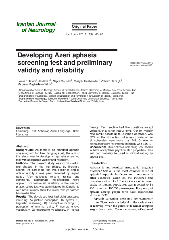 (PDF) Developing Azeri aphasia screening test and preliminary validity ...