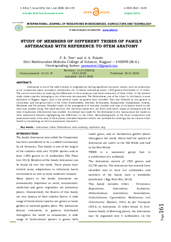 (PDF) STUDY OF MEMBERS OF DIFFERENT TRIBES OF FAMILY ASTERACEAE WITH ...